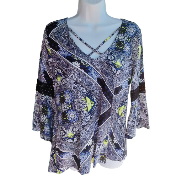 Cato | Tops | Cato Blouse Womans Small Blue Black Geometric 34 Bell ...